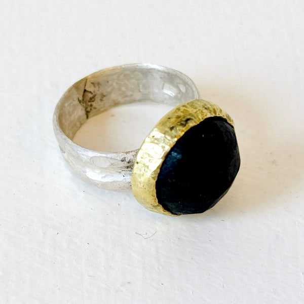 Black Granite, gold and sterling silver Ring - RED